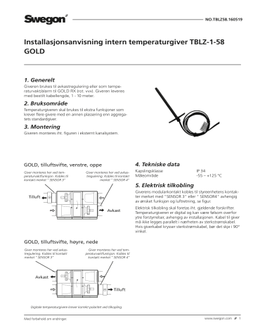 Swegon TBLZ-1-58 Internal temp. sensor Betjeningsvejledning | Manualzz