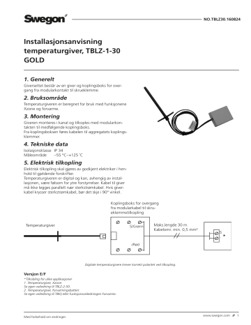 Swegon TBLZ-1-30 Temperature sensor Betjeningsvejledning | Manualzz
