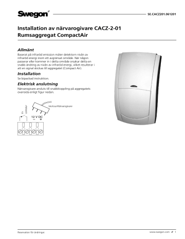Swegon CACZ-2-01 Occupant detection sensor Installationsguide | Manualzz