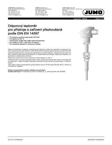 JUMO RTD Probe for Devices and Plants Approved According Dátový hárok ...