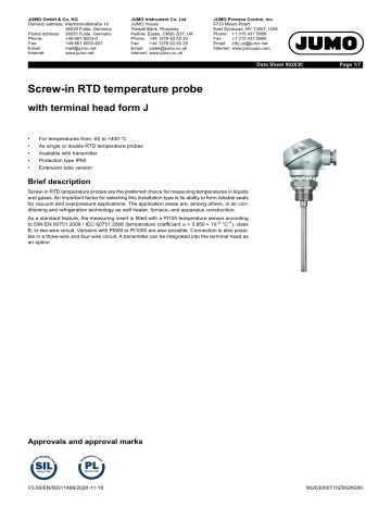 Jumo Screw-In RTD Probe Data Sheet | Manualzz