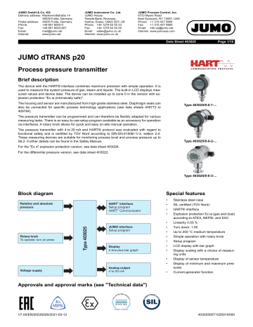 Jumo dTRANS p20 Process Pressure Transmitter Data Sheet | Manualzz