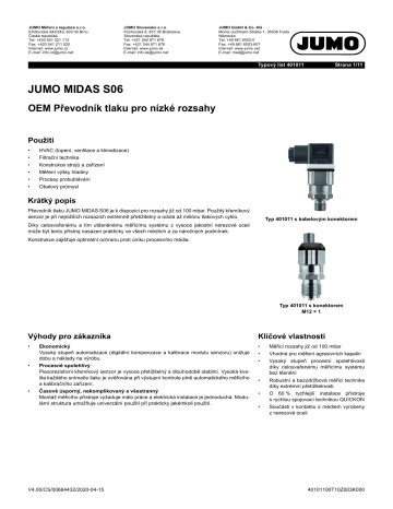 JUMO 401011 OEM Pressure Transmitter Dátový hárok | Manualzz