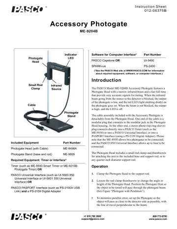 Pasco ME-9204B Accessory Photogate Owner's Manual | Manualzz