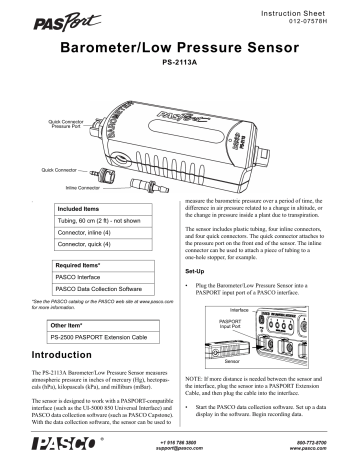 Pasco PS-2113A PASPORT Barometer/Low Pressure Sensor Owner's Manual ...