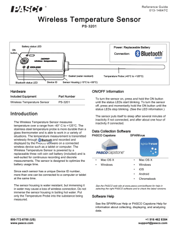 Pasco PS-3201 Wireless Temperature Sensor Reference guide | Manualzz
