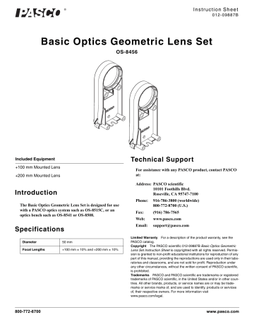 Pasco OS-8456 Basic Optics Geometric Lens Set Instruction Sheet | Manualzz