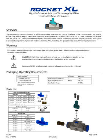 Dema Rocket XL Injector Instruction Sheet | Manualzz