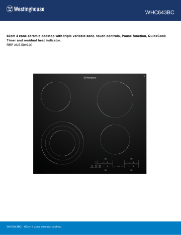 Westinghouse WHC643BC 60cm 4 zone ceramic cooktop Specification | Manualzz