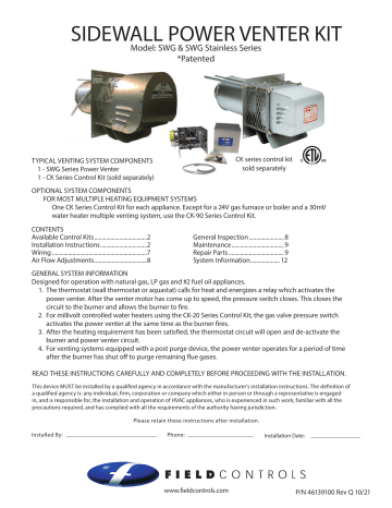 Field Controls SWG & SWG Stainless Power Venter Installation Manual ...