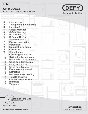 Defy DMF451 195lt Chest Freezer Product Manual | Manualzz