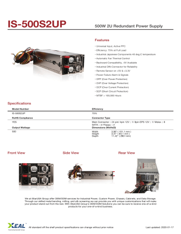 Xeal IS-500S2UP 500W 2U Redundant Power Supply Data Sheet | Manualzz