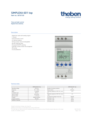 Theben SIMPLEXA 601 top Data Sheet | Manualzz