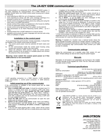 Jablotron JA-82Y GSM communicator Installation Manual | Manualzz