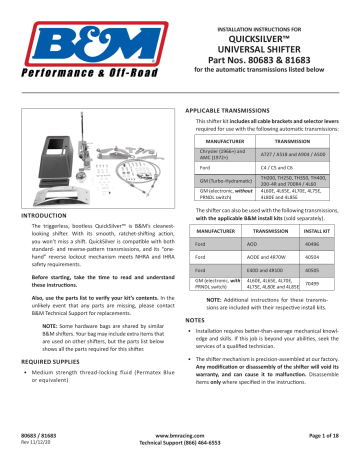 B&M 80683 Automatic Ratchet Shifter - QuickSilver Instructions | Manualzz