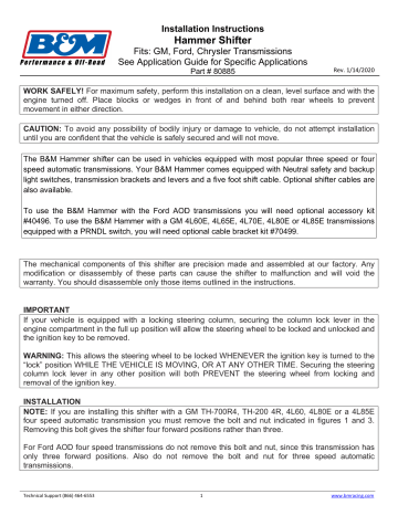 B&M 80885 Automatic Ratchet Shifter - Hammer Instructions | Manualzz