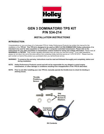 Holley 534-214 TPS Kit for Gen 3 Dominator Instructions | Manualzz