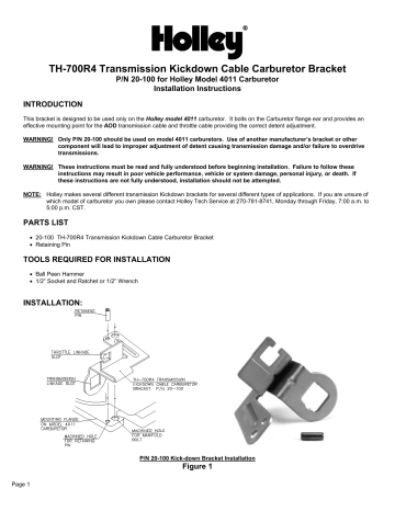 Holley 20-100 GM AOD Kickdown Cable Bracket Instructions | Manualzz