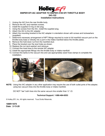 Holley Sniper EFI 543-122 Sniper EFI Remote IAC Kit Instructions | Manualzz