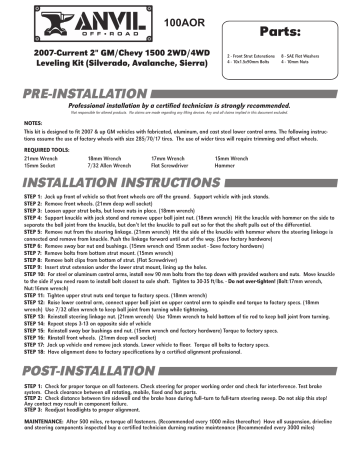 Anvil Off Road 100AOR Anvil - Leveling Kit Instructions | Manualzz
