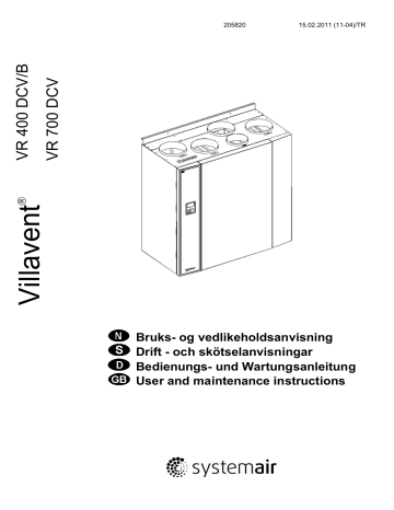 SystemAir Villavent VR 700 DCV User And Maintenance Instructions | Manualzz