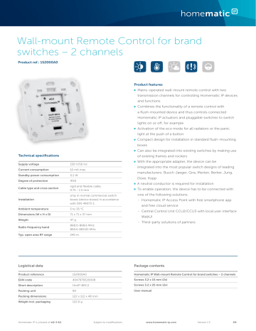 Homematic IP HmIP-BRC2 Wall-mount Remote Control Data Sheet | Manualzz