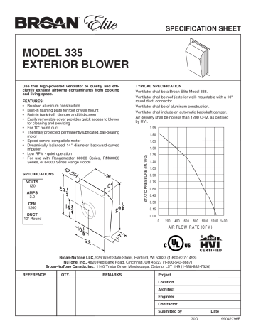 Broan Elite Exterior Blower 335 Specification Sheet | Manualzz
