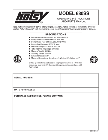 Hotsy 680SS Operating Instructions And Parts Manual | Manualzz