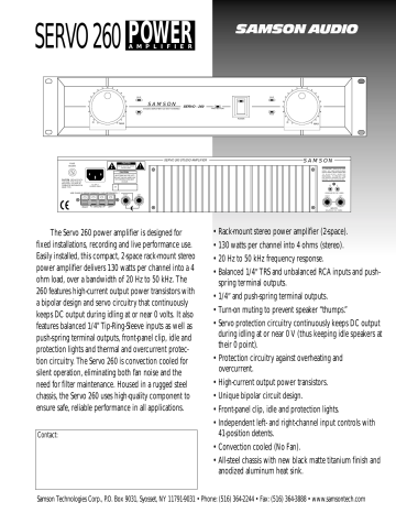 Samson Power Amplifier Servo 260 Specification Sheet | Manualzz