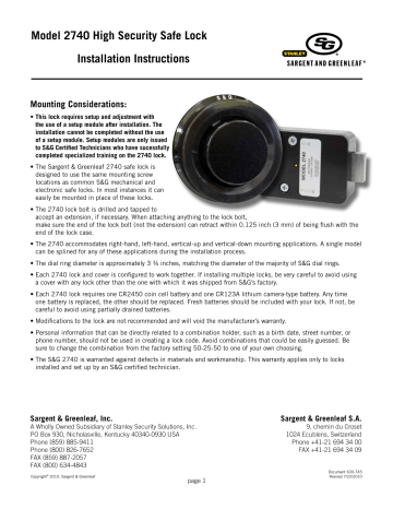 Sargent and Greenleaf 2740 Installation Instructions Manual | Manualzz