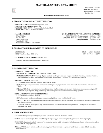 Radio Shack HFC-134a Material Safety Data Sheet | Manualzz