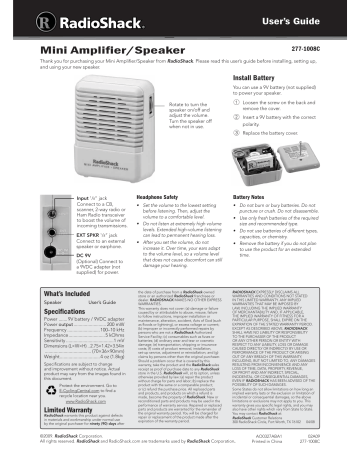 Radio Shack Mini Amplifier/Speaker User Manual | Manualzz