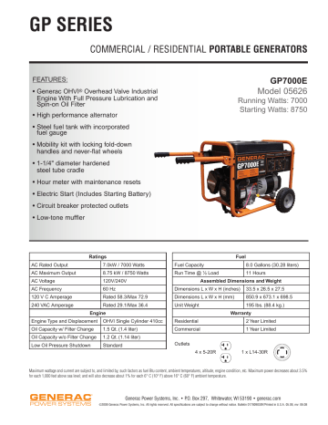 Generac Power Systems GP7000E Specification Sheet | Manualzz