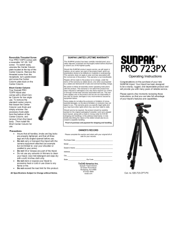 Sunpak Sunpak PRO 723PX Operating Instructions | Manualzz