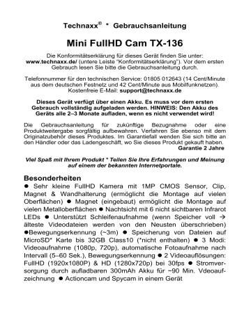 Technaxx TX-136 Mini FullHD Cam Bedienungsanleitung | Manualzz