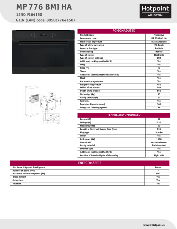 HOTPOINT/ARISTON MP 776 BMI HA Microwave Product Data Sheet | Manualzz