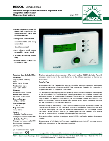 Resol DeltaSol Plus Owner's Manual | Manualzz