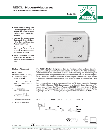Resol Modem Adapterset Datenblatt | Manualzz