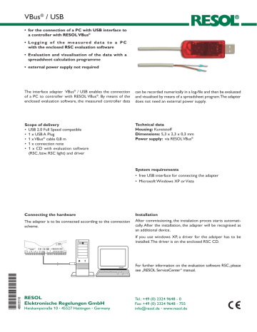 Resol VBus to USB Data Sheet | Manualzz