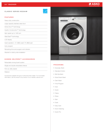 Asko W2084W Qty - 1: 24 Inch Front Load Washer Spec Sheet | Manualzz