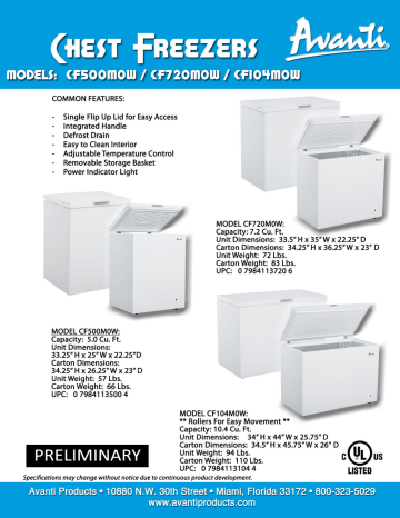 Avanti CF720M0W 33 Inch Chest Freezer Spec Sheet | Manualzz