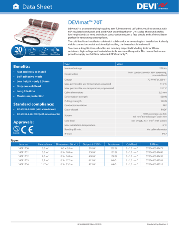 Devi 140F1734 Heating Mat Data Sheet | Manualzz