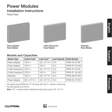 Lutron PHPM-PA-120-WH Phase Adaptive Power Module Installation Guide | Manualzz