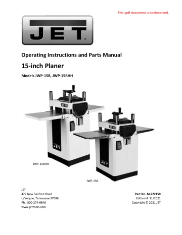 Jet 15" Straight Knife Planer, JWP-15B Owner's Manual | Manualzz