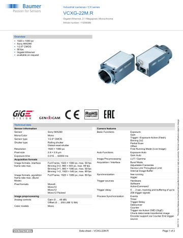 Baumer VCXG-22M.R VCX camera Data sheet | Manualzz