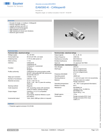 Baumer EAM360-K - CANopen® Absolute encoder Data sheet | Manualzz