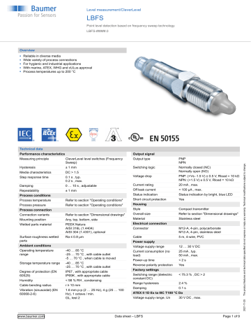 Baumer LBFS Level measurement Data sheet | Manualzz