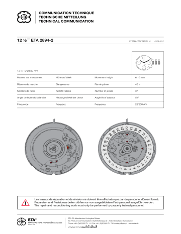 Swatch ETA 2894-2 Technical Communication | Manualzz