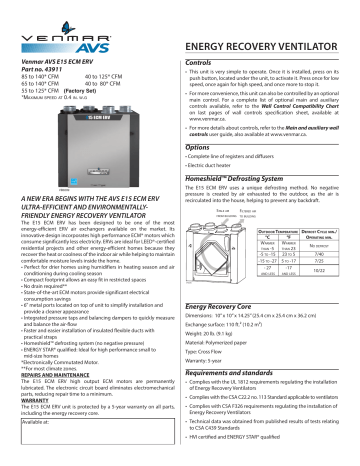Venmar E15 ECM ERV Air Exchanger Specification Sheet | Manualzz