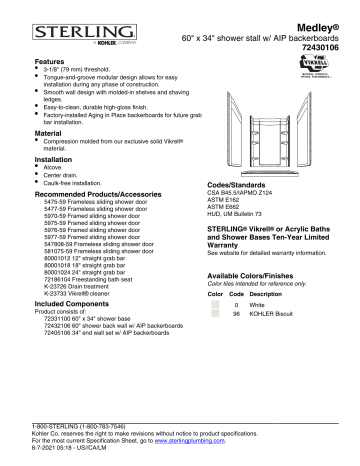 Sterling Plumbing Medley™ 60" x 34"shower stall Spec Sheet | Manualzz